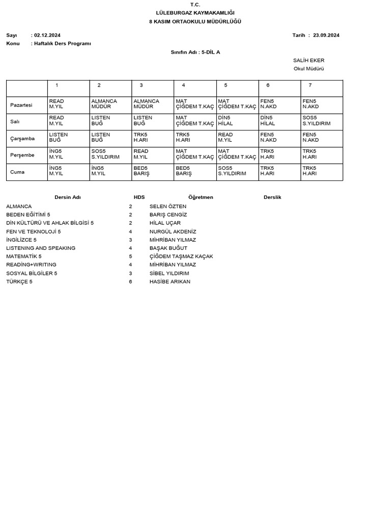 Öğrenci̇ Aralik Ders Programi | PDF