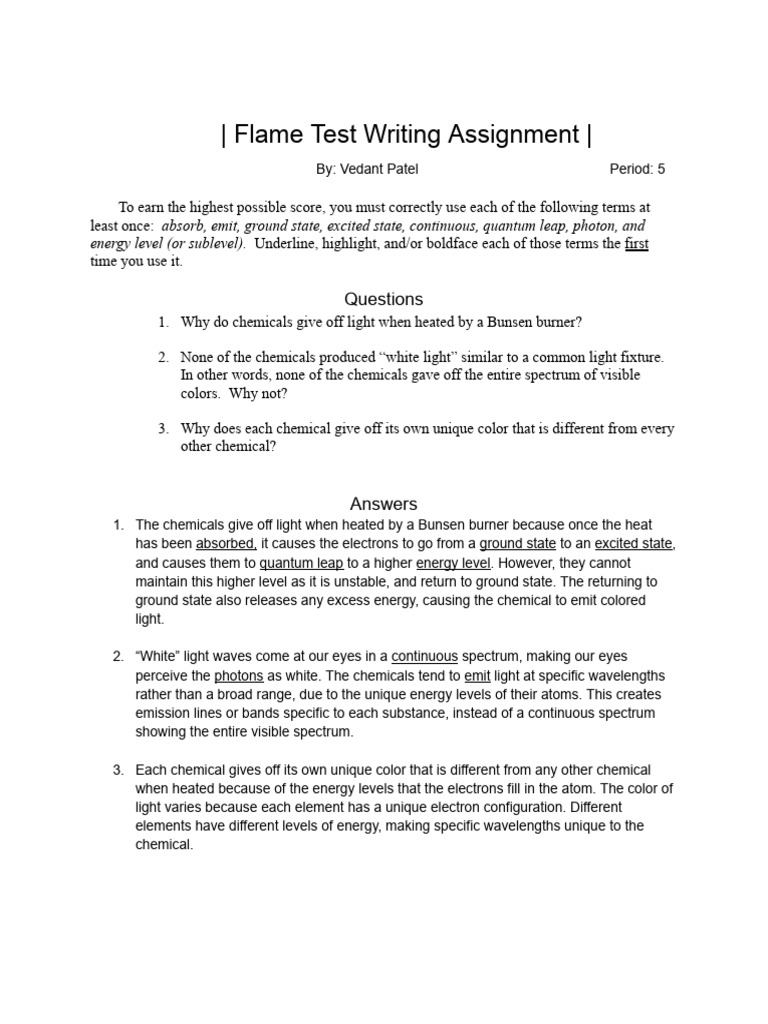 Flame Test Writing Assignment | PDF