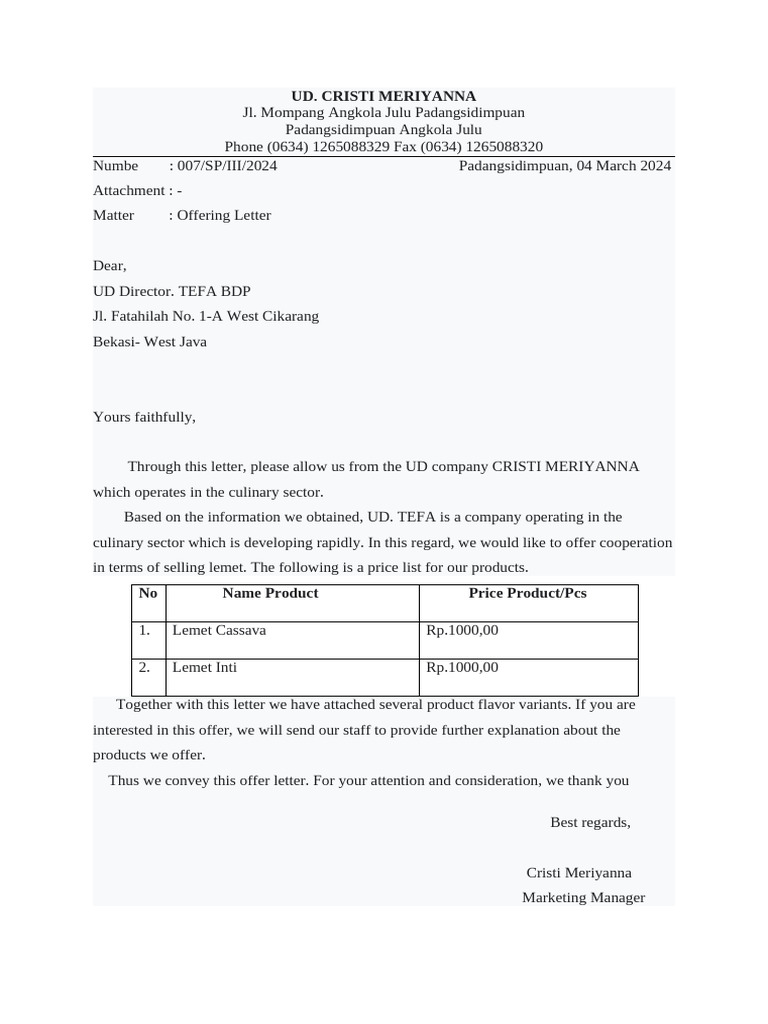 Surat Penawaran Bahasa Inggris | PDF