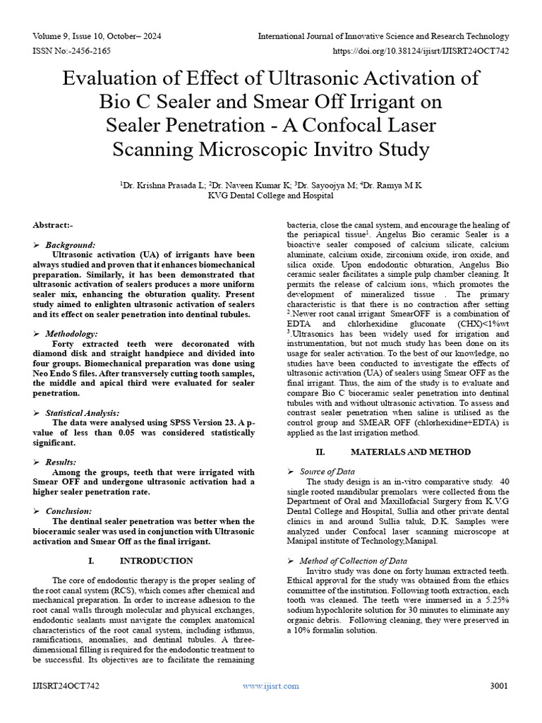 Evaluation of Effect of Ultrasonic Activation of Bio C Sealer and Smear Off Irrigant On Sealer ...