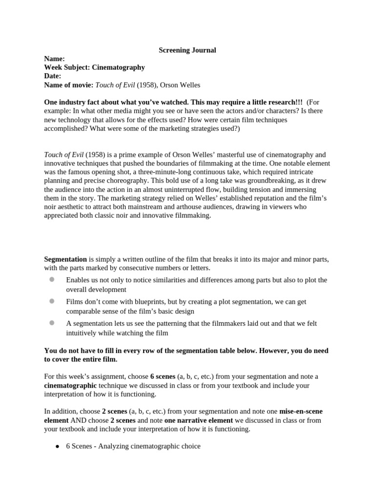 MDIA 201 Screening Journal Form - Cinematography | PDF | Cinematography