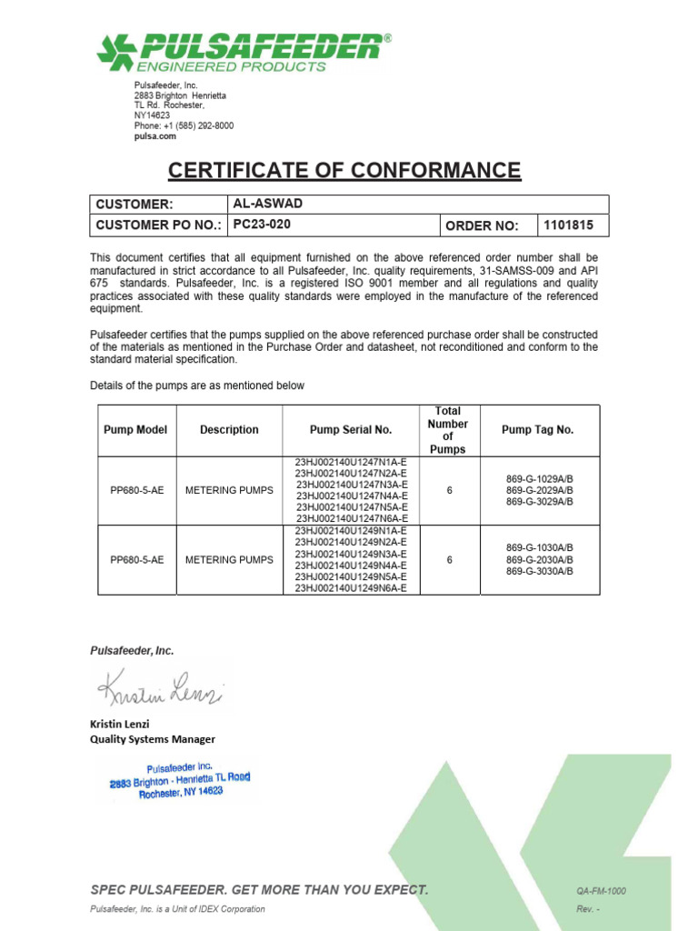 Certificate of Conformance | PDF