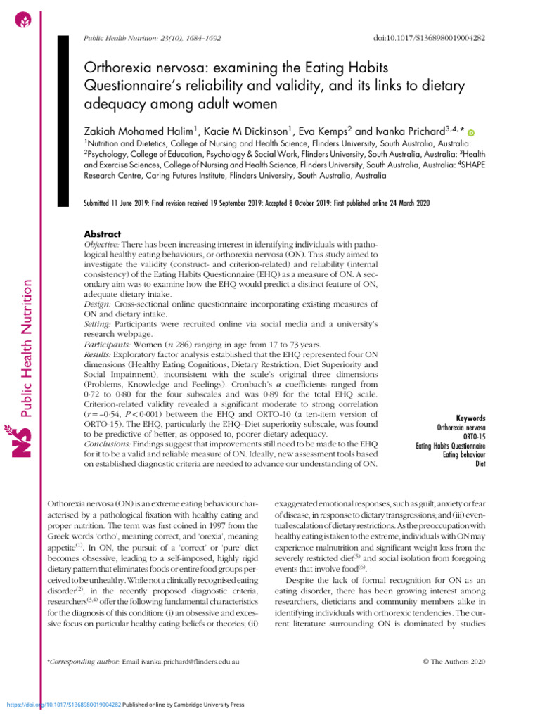 Orthorexia Nervosa Examining The Eating | PDF | Cronbach's Alpha | Psychology