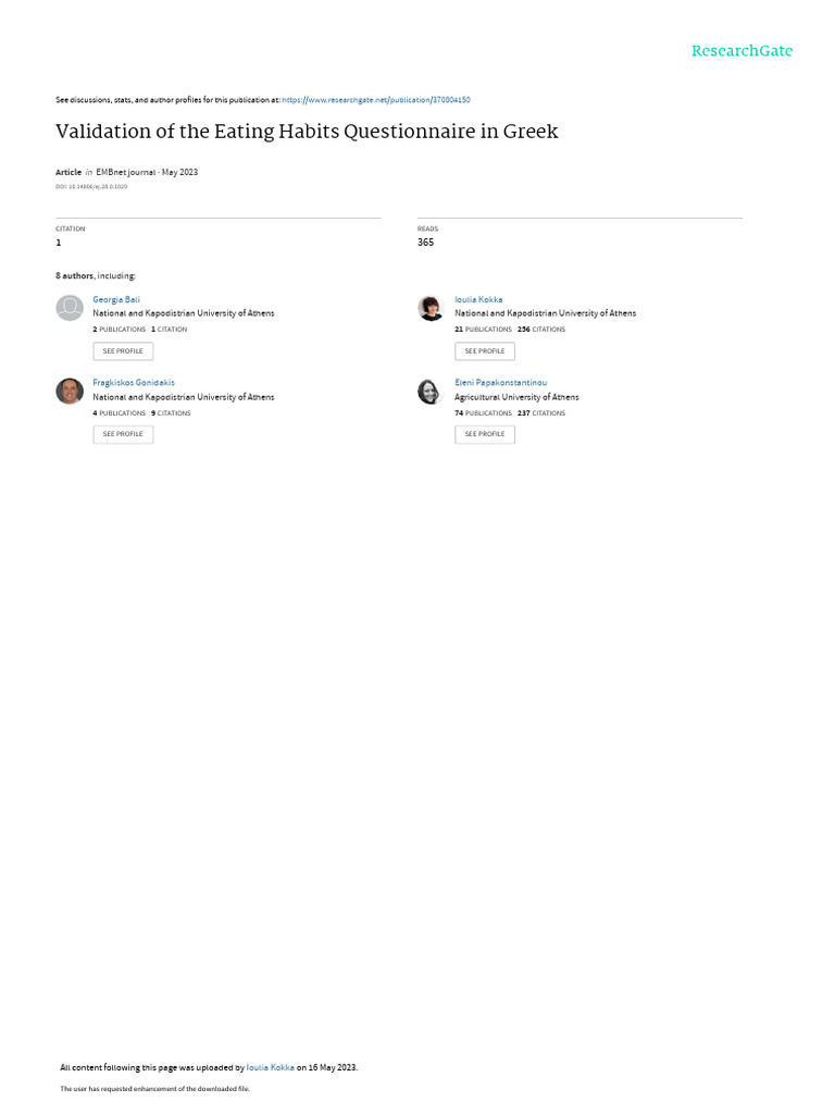 Validation of The Eating Habits Questionnaire in Greek | PDF | Factor Analysis | Self Report Study