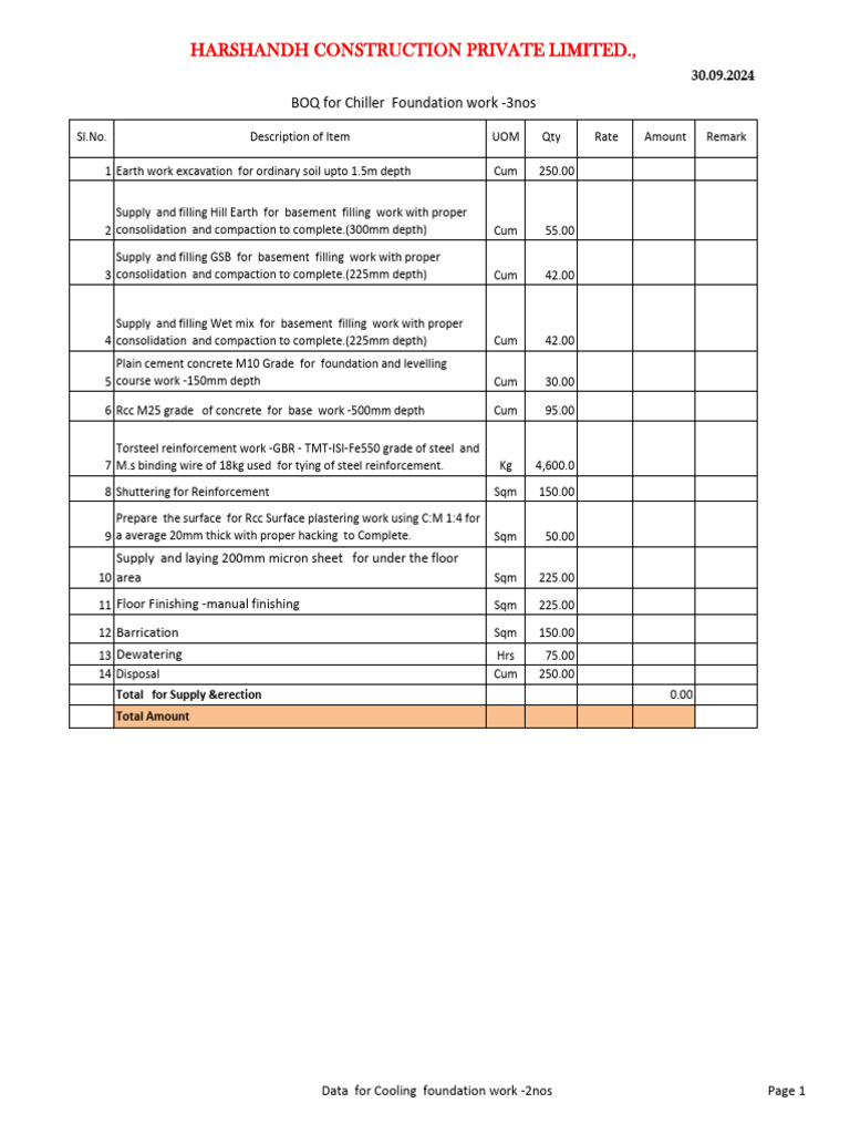 BOQ for Chiller Foundation Work | PDF