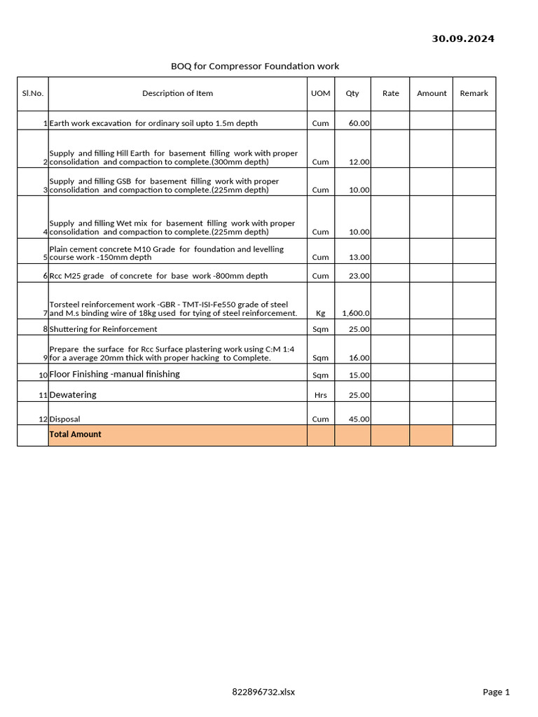 Compressor Foundation BOQ and Measurements | PDF | Concrete | Soil Science