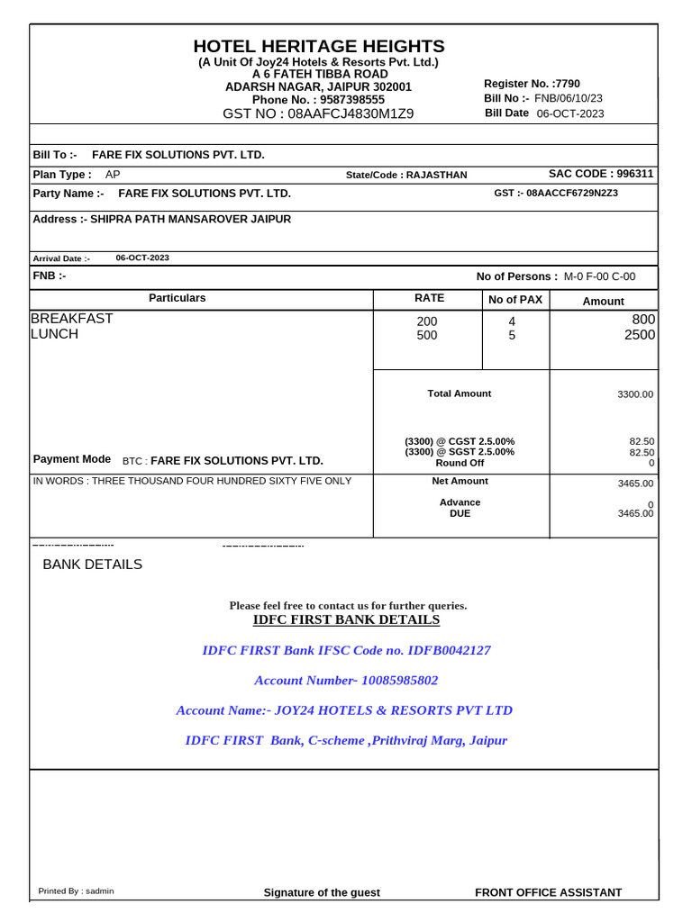 Hotel Heritage Heights Invoice Details | PDF | Payments | Taxation
