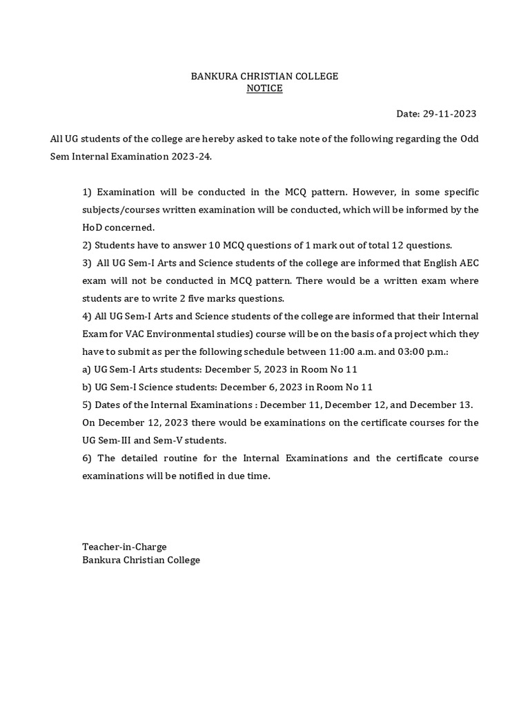 Bankura Christian College UG Exam Notice | PDF