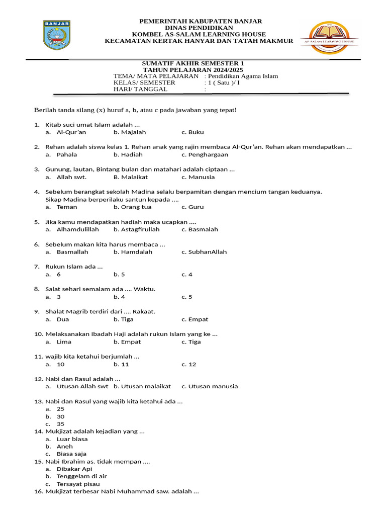 Soal Pai Sas Kelas 1 | PDF
