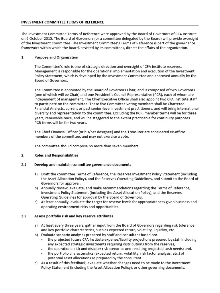 Investment Committee Terms of Reference | PDF | Risk | Asset Allocation