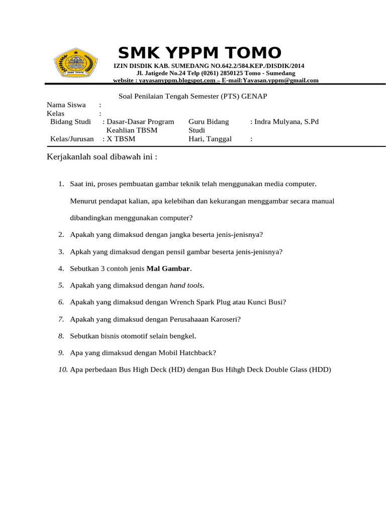 Soal PTS Dasar Keahlian Tbsm X Indra | PDF