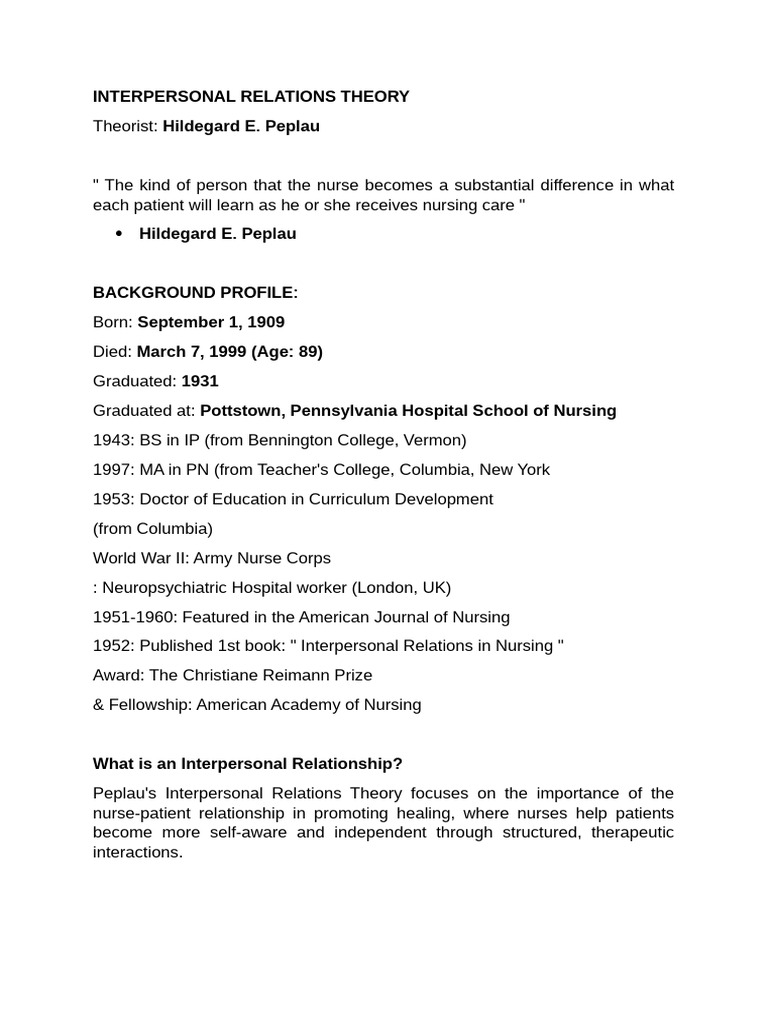 Interpersonal Relations Theory | PDF | Nursing | Psychology