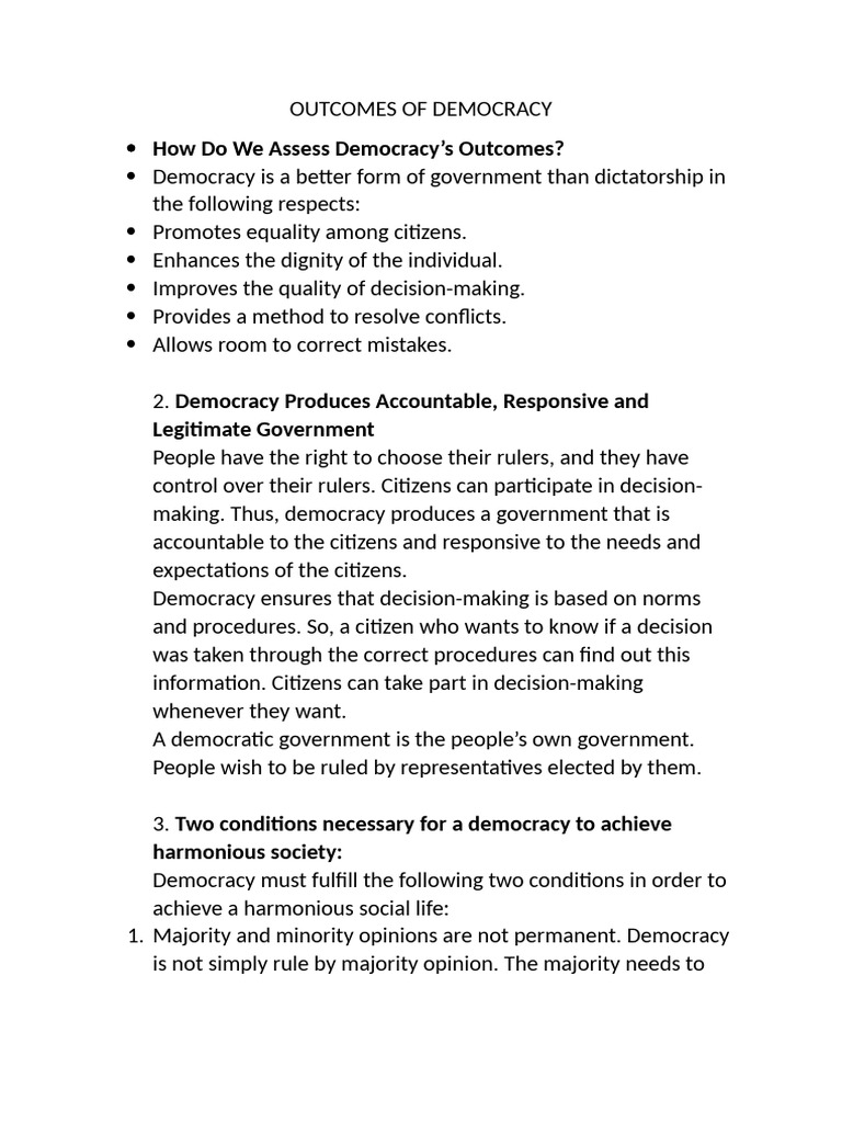 OUTCOMES OF DEMOCRACY | PDF | Democracy | Political Ideologies