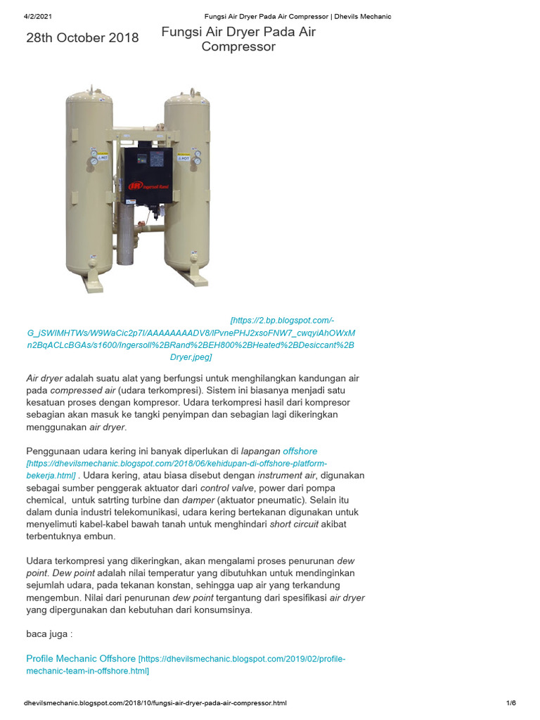 Fungsi Air Dryer Pada Air Compressor - Dhevils Mechanic | PDF