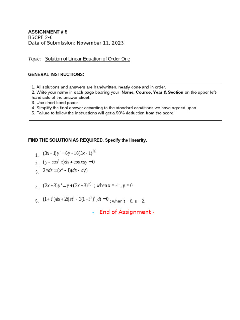 Linear Equation of Order One | PDF