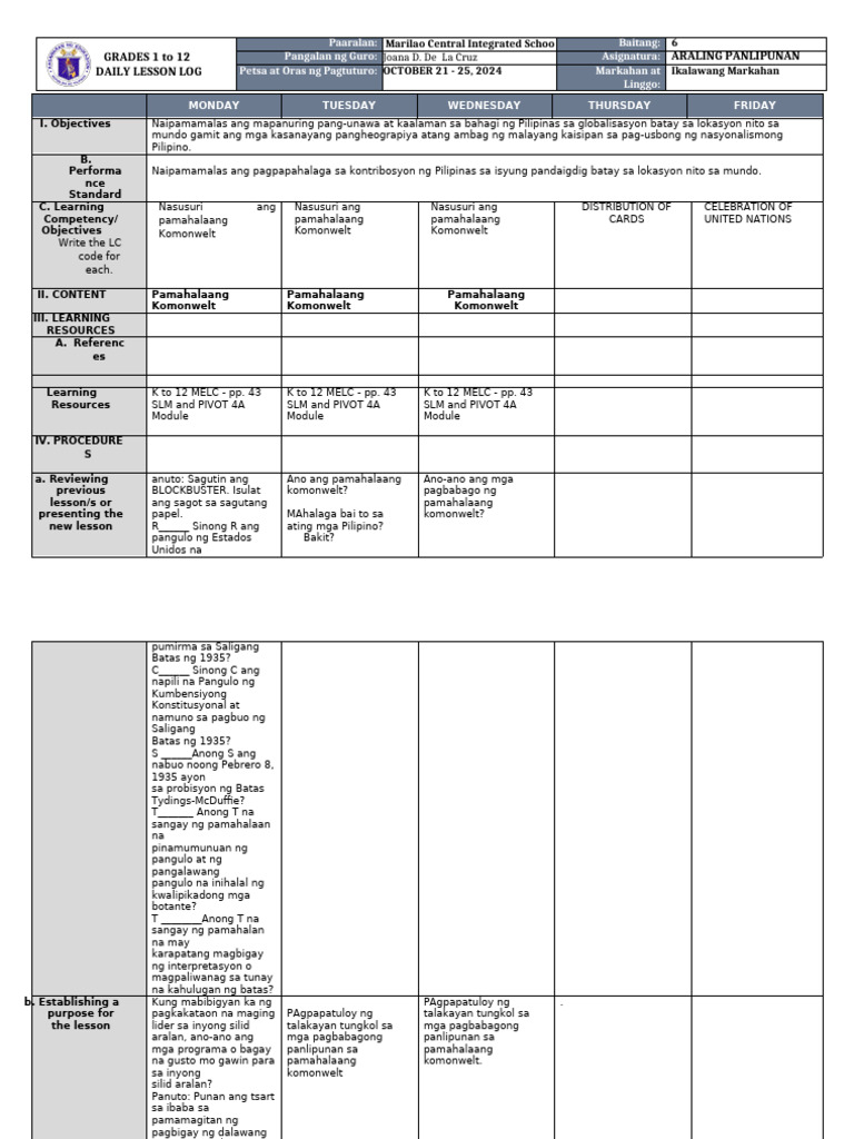 DLL Araling Panlipunan 6 q2 w4 | PDF