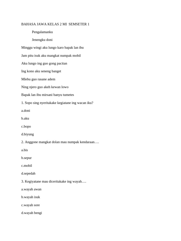 Soal Bhs Jawa Kelas 2 smt1 Aka | PDF