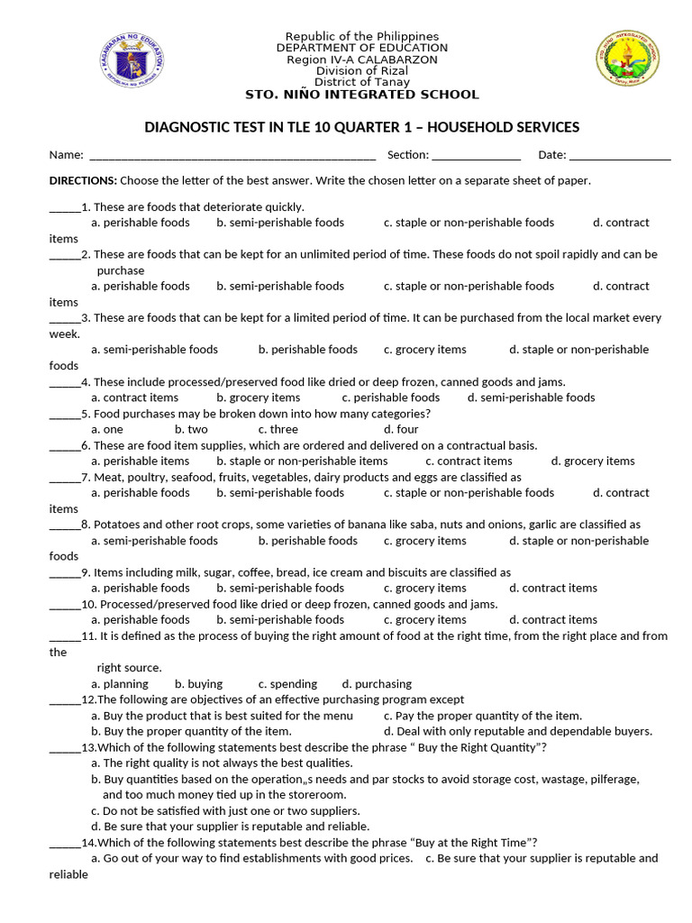 DIAGNOSTIC TEST Q1 | PDF | Grilling | Cooking