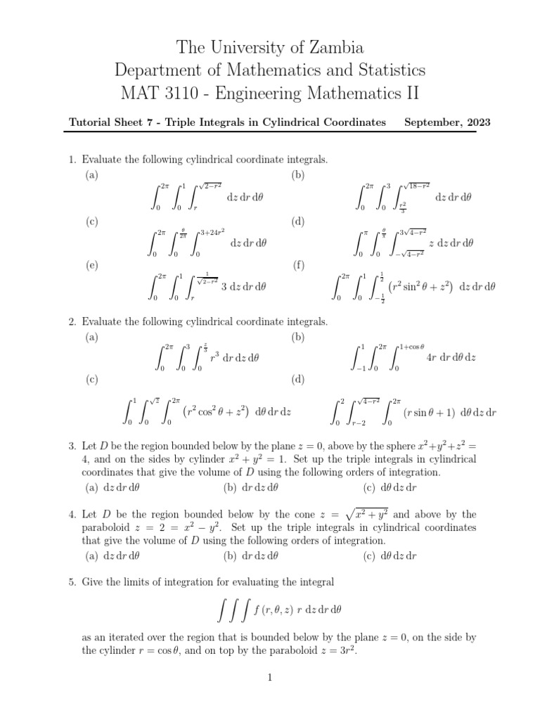 Cylindrical Integrals Tutorial Sheet | PDF | Integral | Elementary Geometry