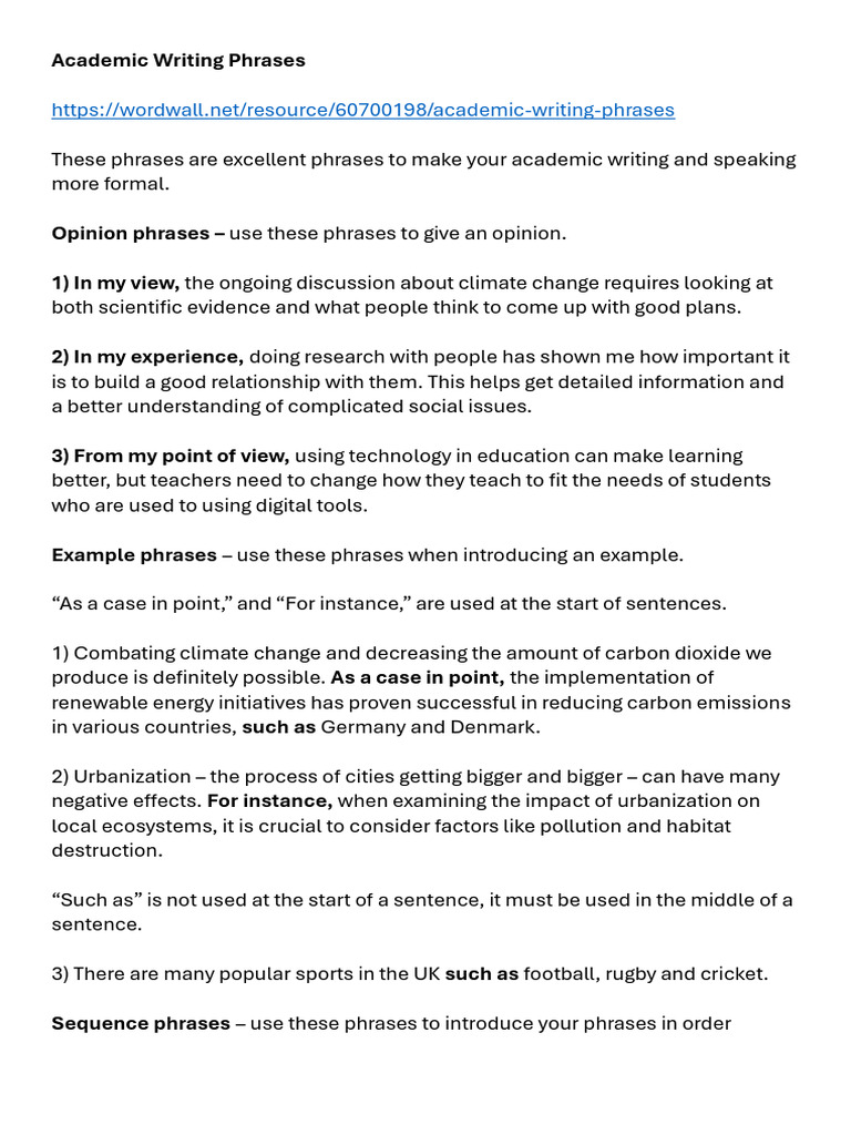 Academic Writing Phrases Examples 1 | PDF | Climate Change | Employment