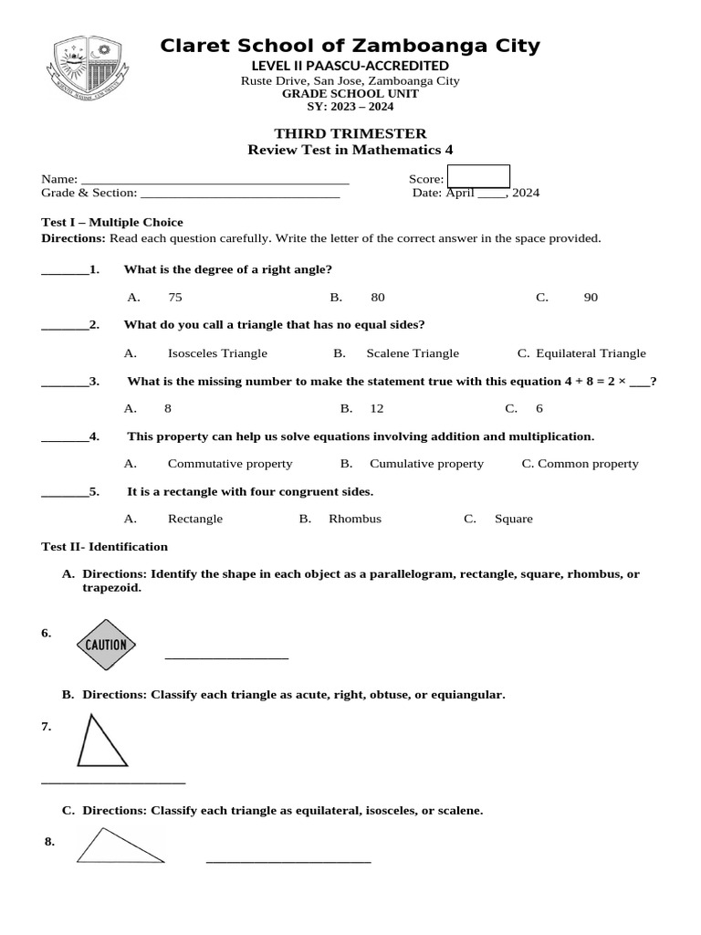 2nd-Review-Test-in-Math-4 | PDF | Rectangle | Triangle