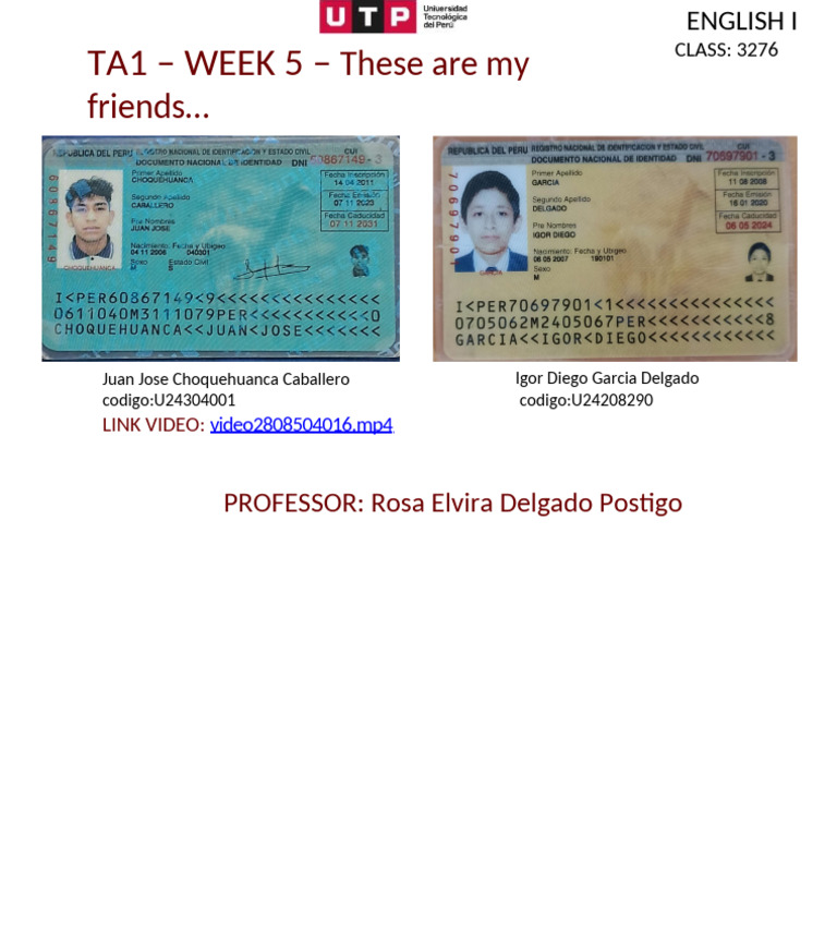 Week 5 - PLANTILLA CARÁTULA DE VIDEO TAREA WEEK 5 - Inglés 1 | PDF