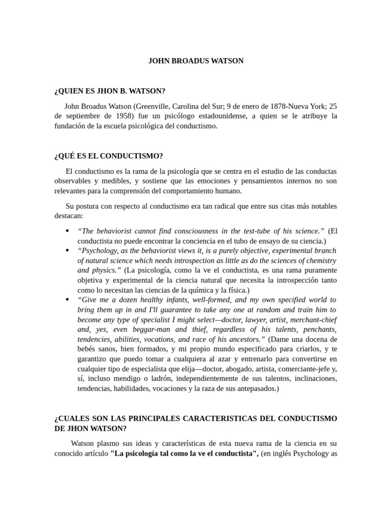 Conductismo de John B. Watson | PDF | Behaviorismo | Comportamiento