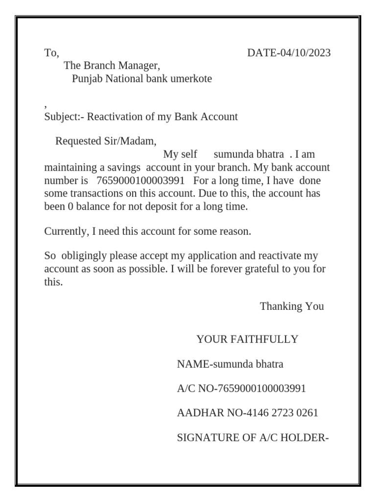 Request to Reactivate Bank Account | PDF