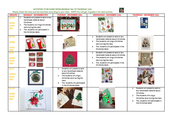 Activities To Be Done From Monday 9th To Thursday 12th | PDF | Christmas