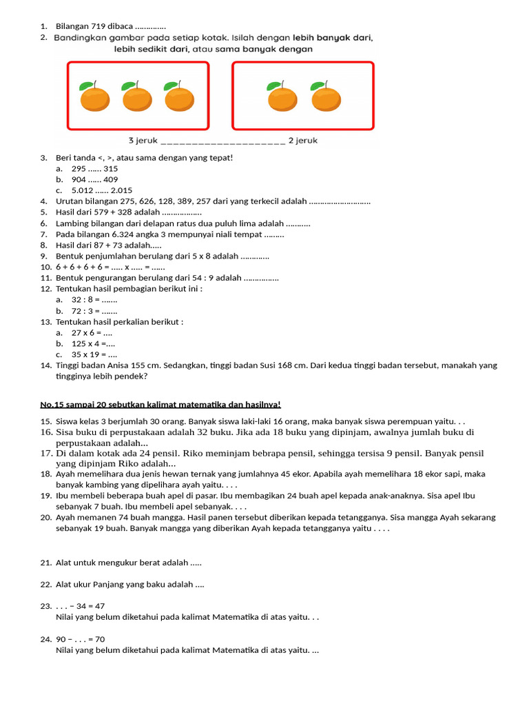 Latihan Soal SAS 1 Matematika Kelas 3 | PDF
