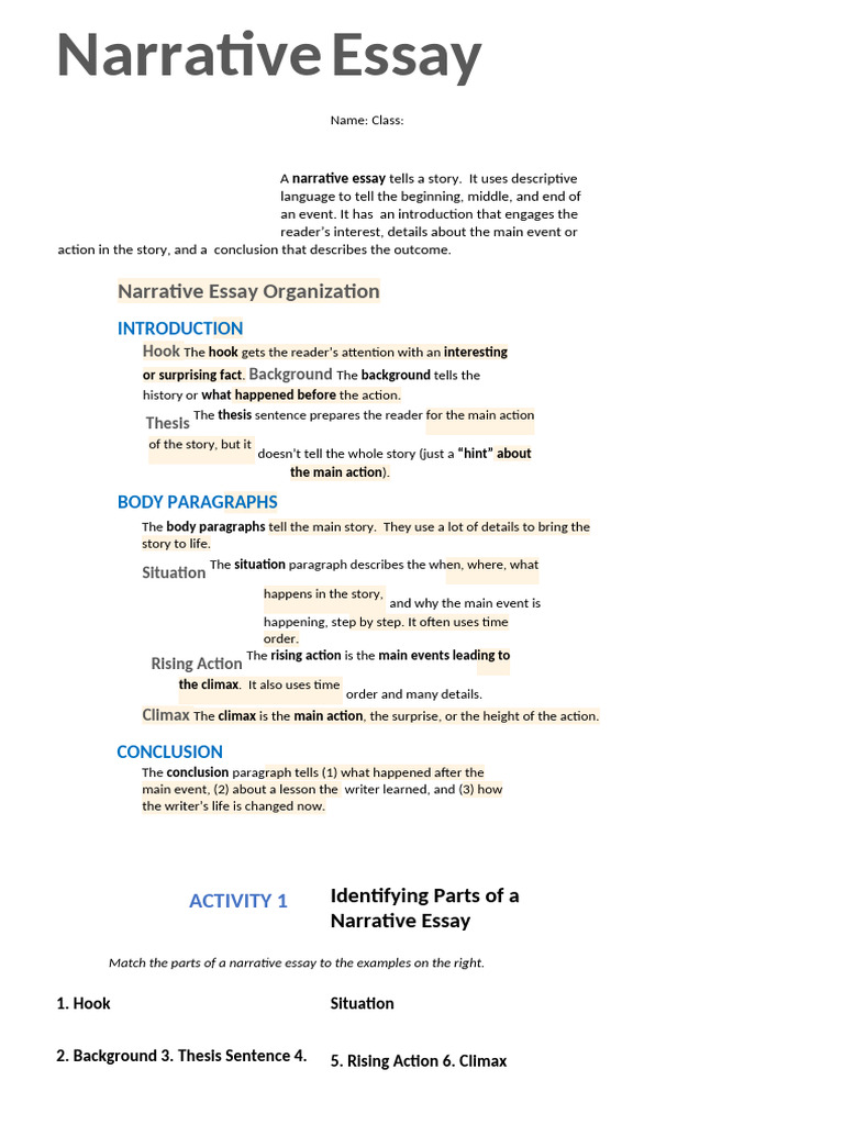 NARRATIVE ESSAY WORKSHEET | PDF | Essays