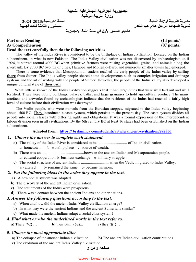 Dzexams 3as Anglais 288628 | PDF | Sumer | Civilization