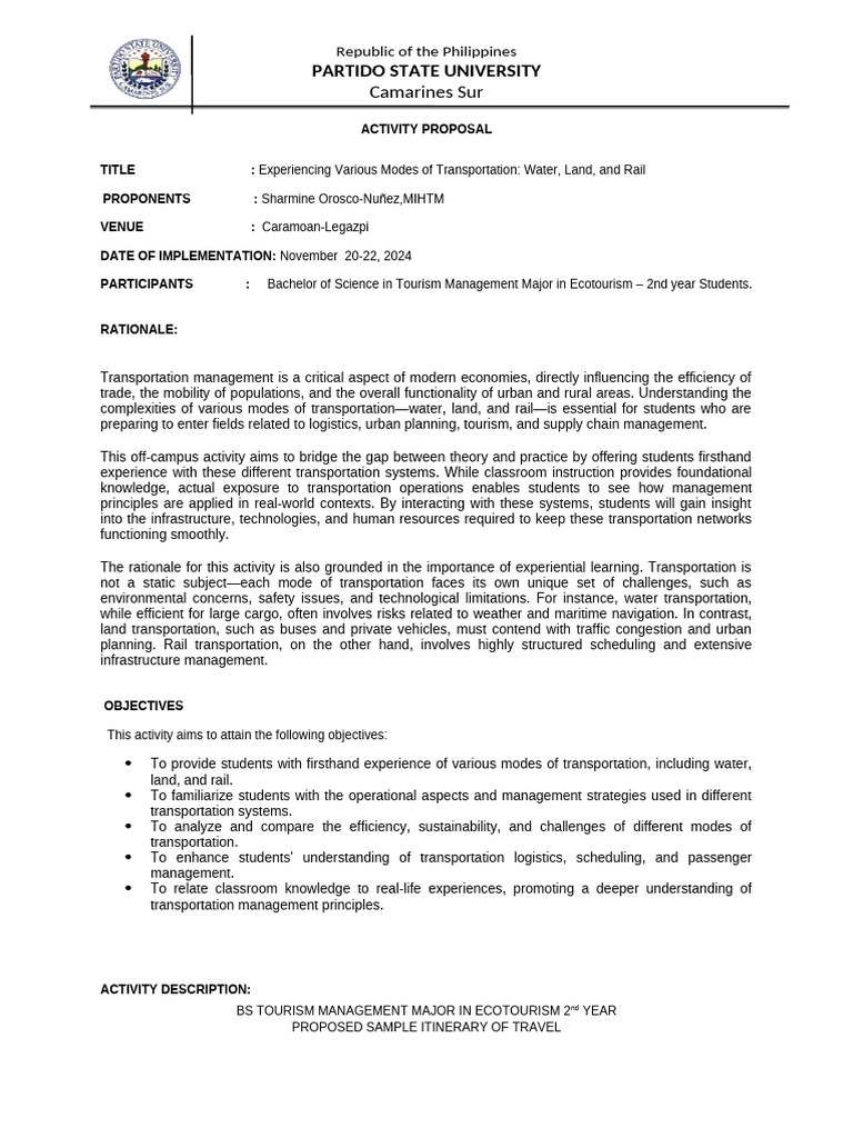 Final Edited Proposal BSHM Bstme Baguio Manila Industry Familiarization Tour 1 | PDF | Transport ...