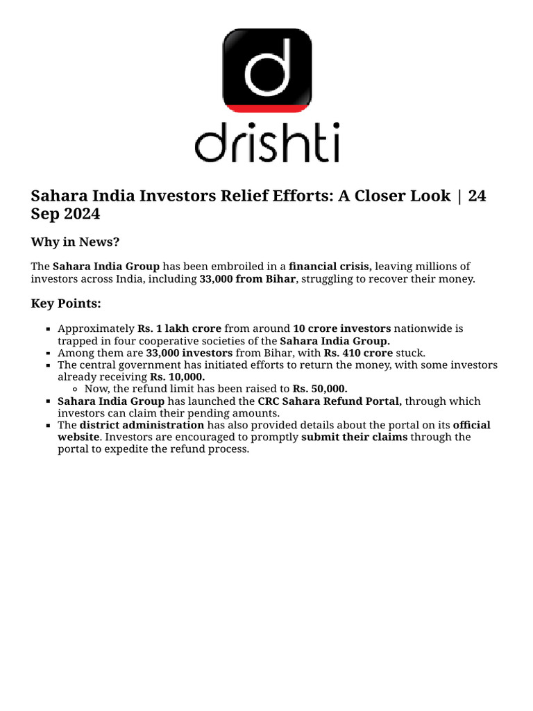 State Pcs Current Affairs - Sahara India Investors Relief Efforts A ...