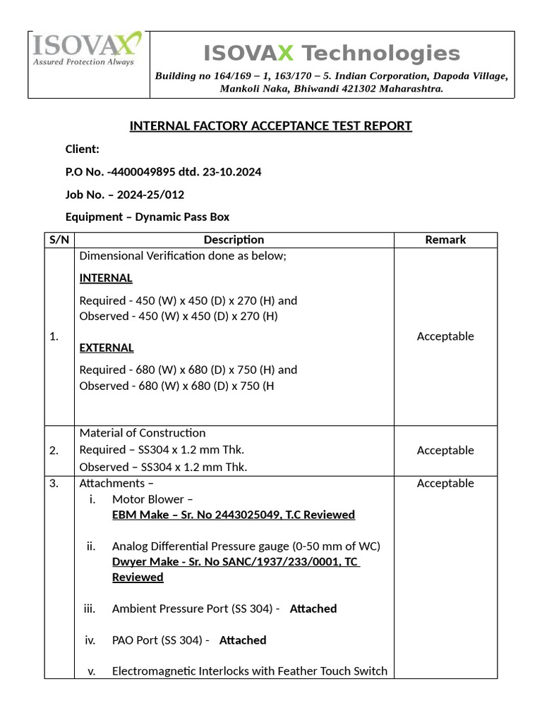 Internal FAT report WO 012 | PDF | Manufactured Goods | Equipment