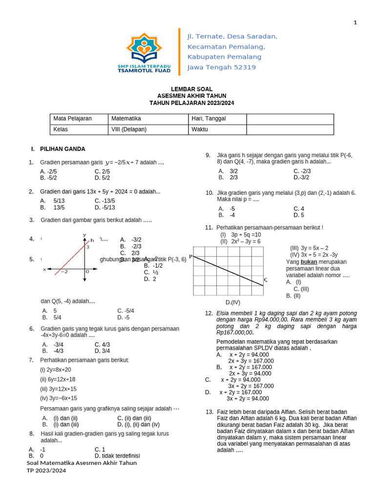 Soal AAT Genap MTK VIII 2023-2024 | PDF