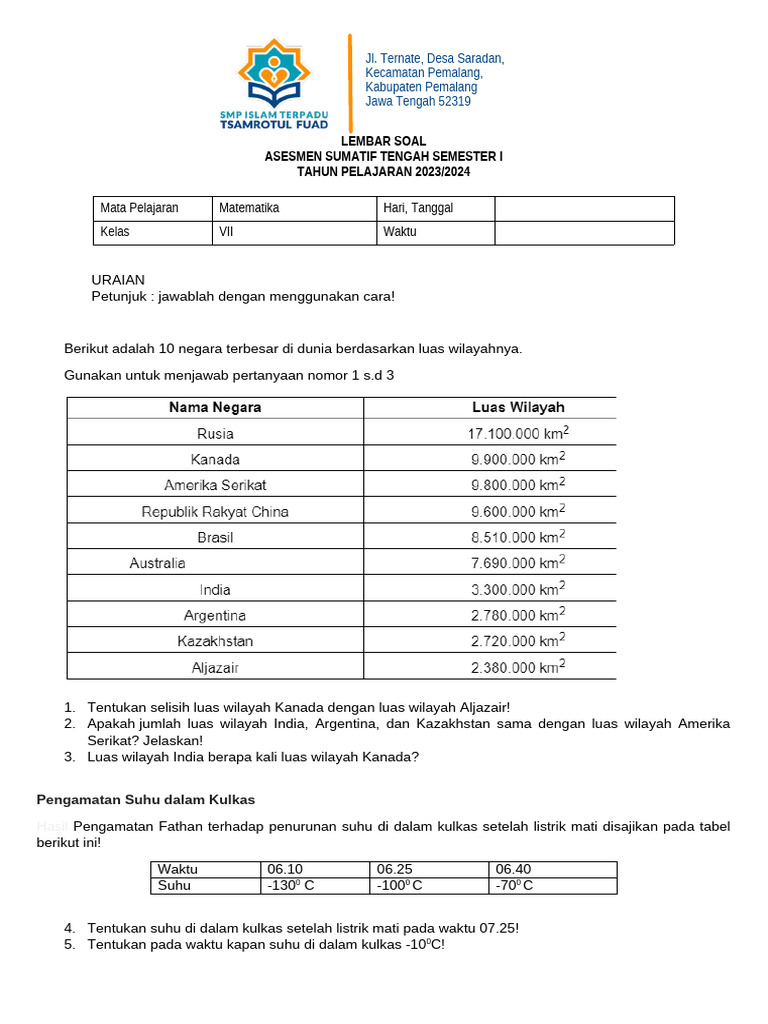 Soal ASTS I MTK VII 2023-2024 | PDF