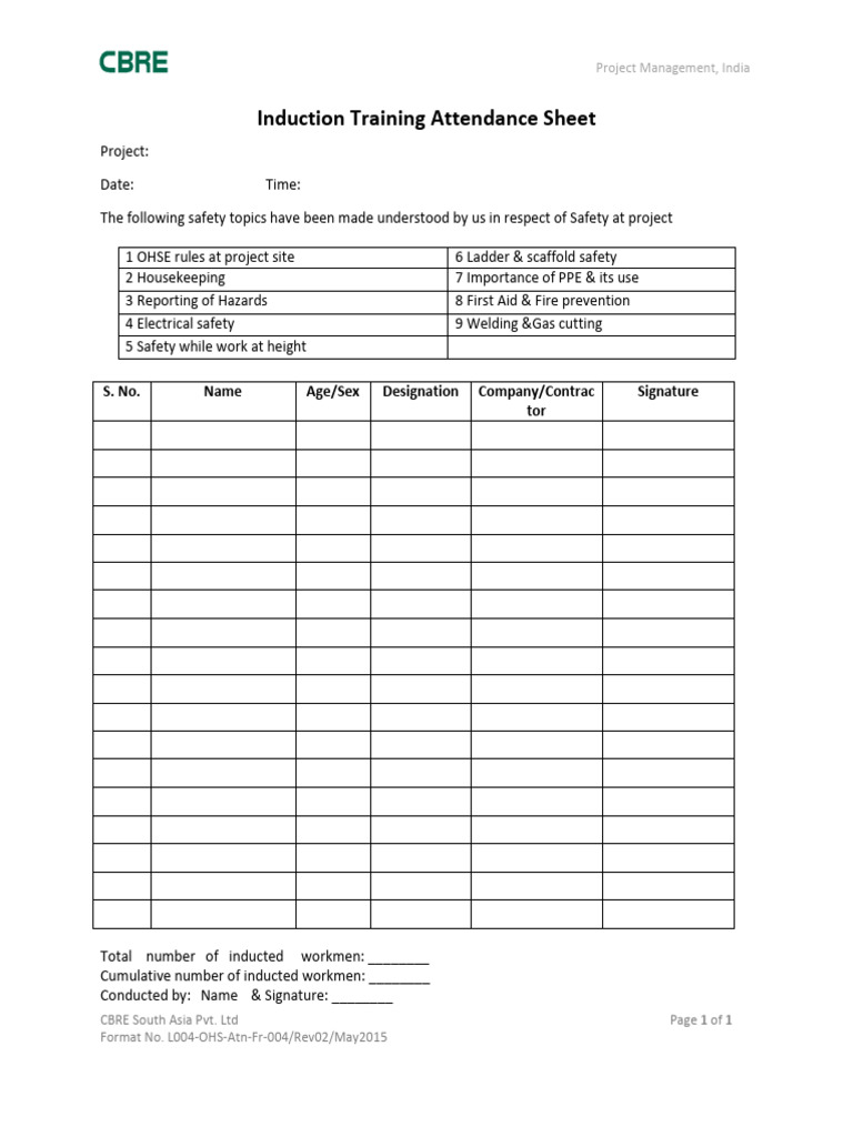 L004-OHSE Induct Training Attendance Format | PDF