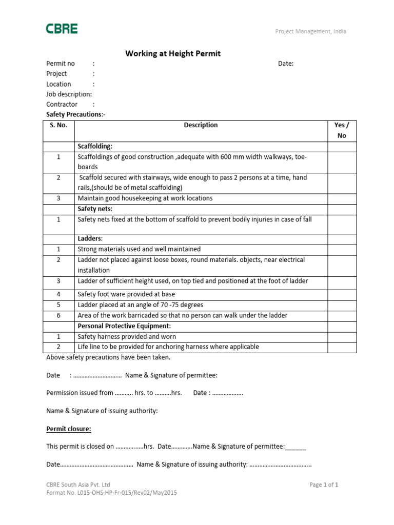 L015-OHSE Height Work Permit Format | PDF