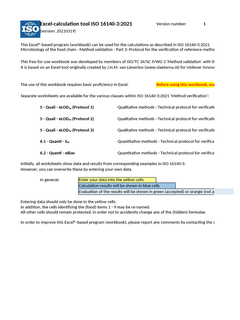 ISO 16140-3 2021 Method Verification Calculation Tool Version 20210319 ...