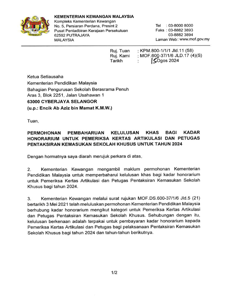 SURAT KELULUSAN MOF | PDF