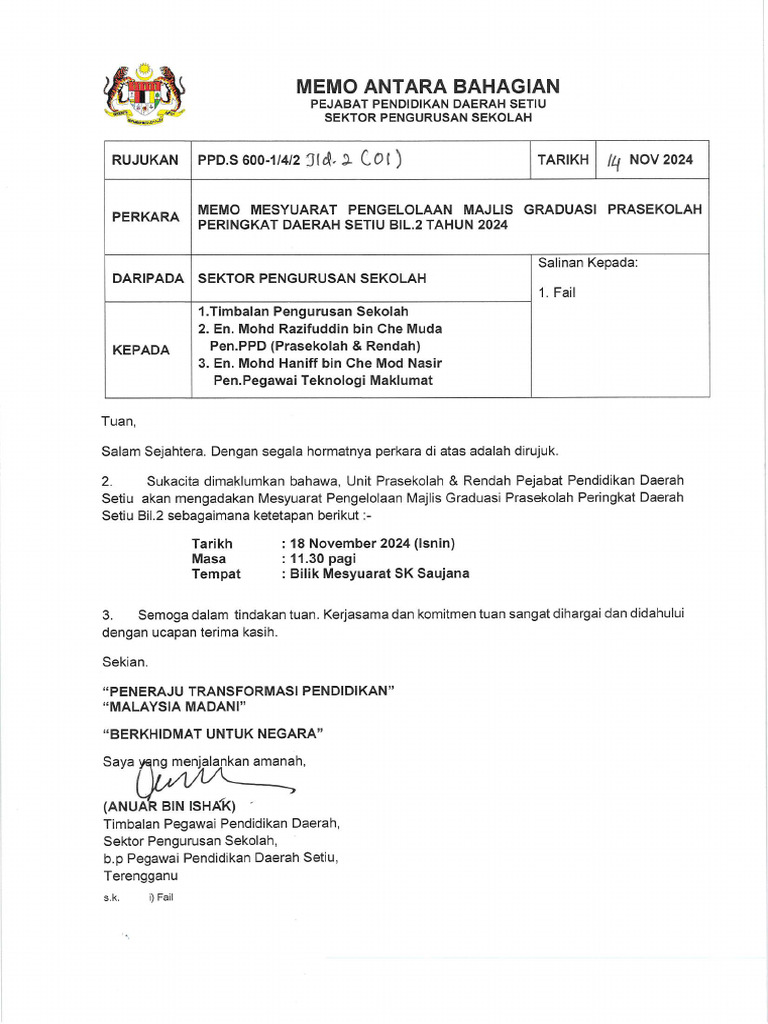MEMO_MESYUARAT_PENGELOLAAN_MAJLIS_GRADUASI_PRASEKOLAH_PERINGKAT | PDF