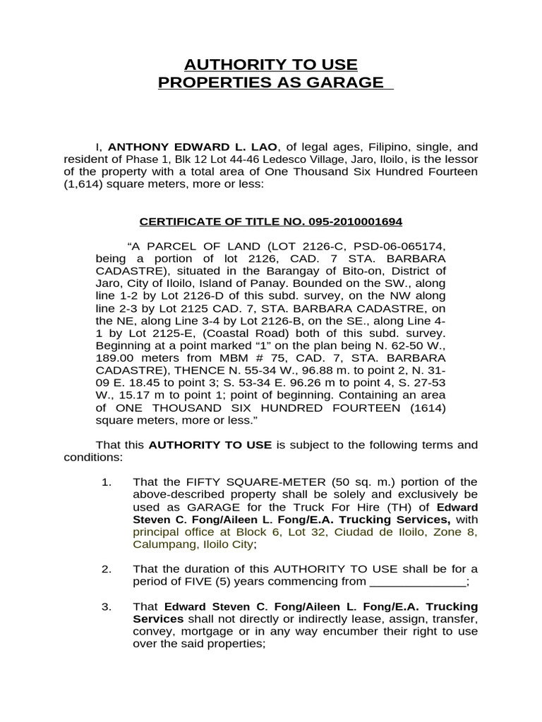 AUTHORITY TO USE PROPERTY AS GARAGE AcuñaFong | PDF | Signature | Civil ...