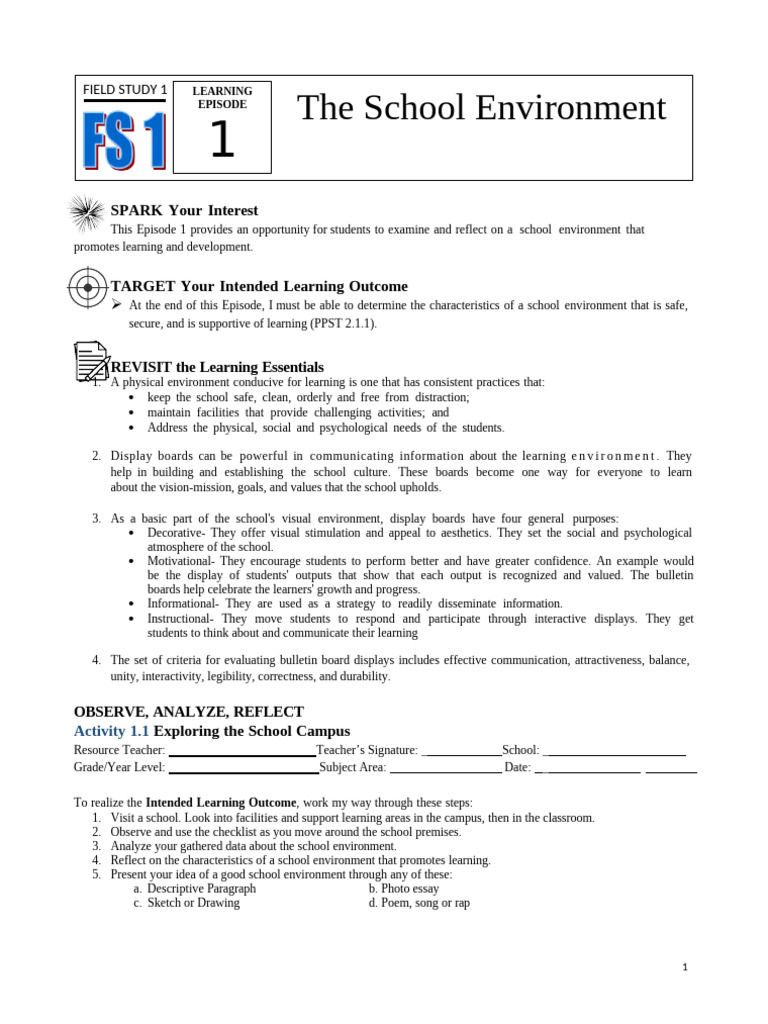 1 The School Environment | PDF | Classroom | Learning