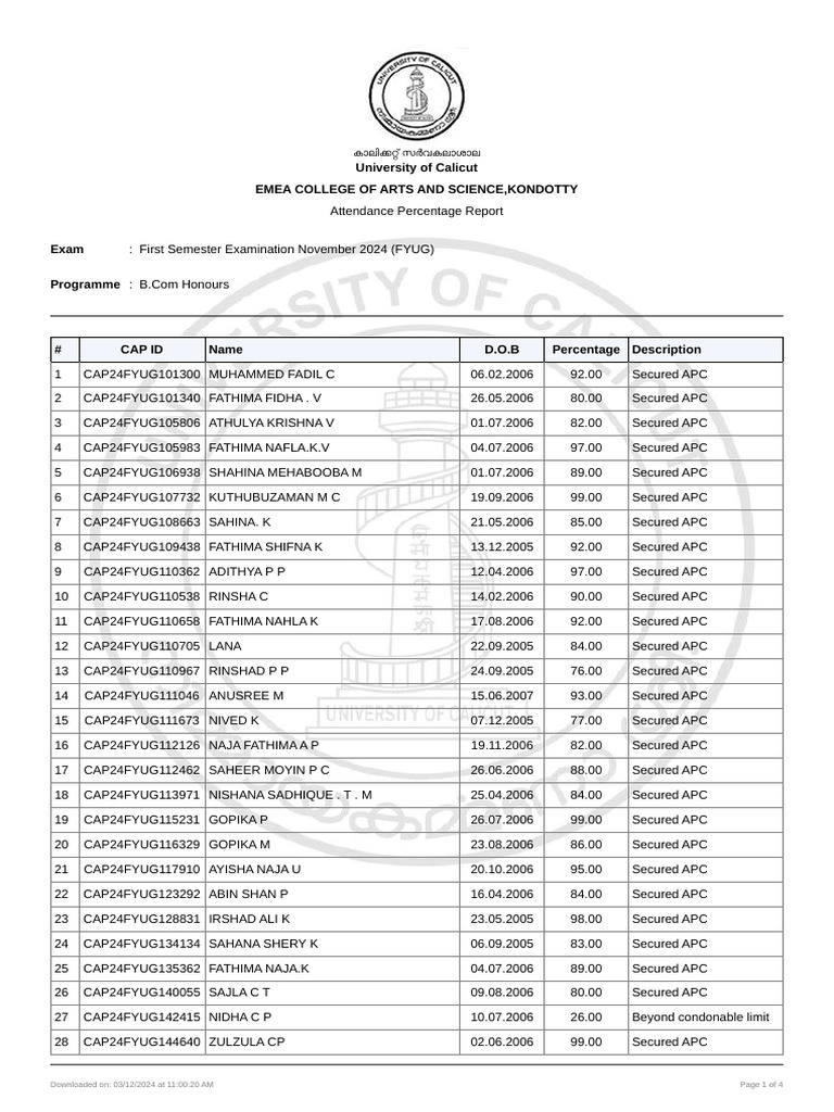APCR_First Semester Examination November 2024 (FYUG)_B.Com Honours-3 | PDF
