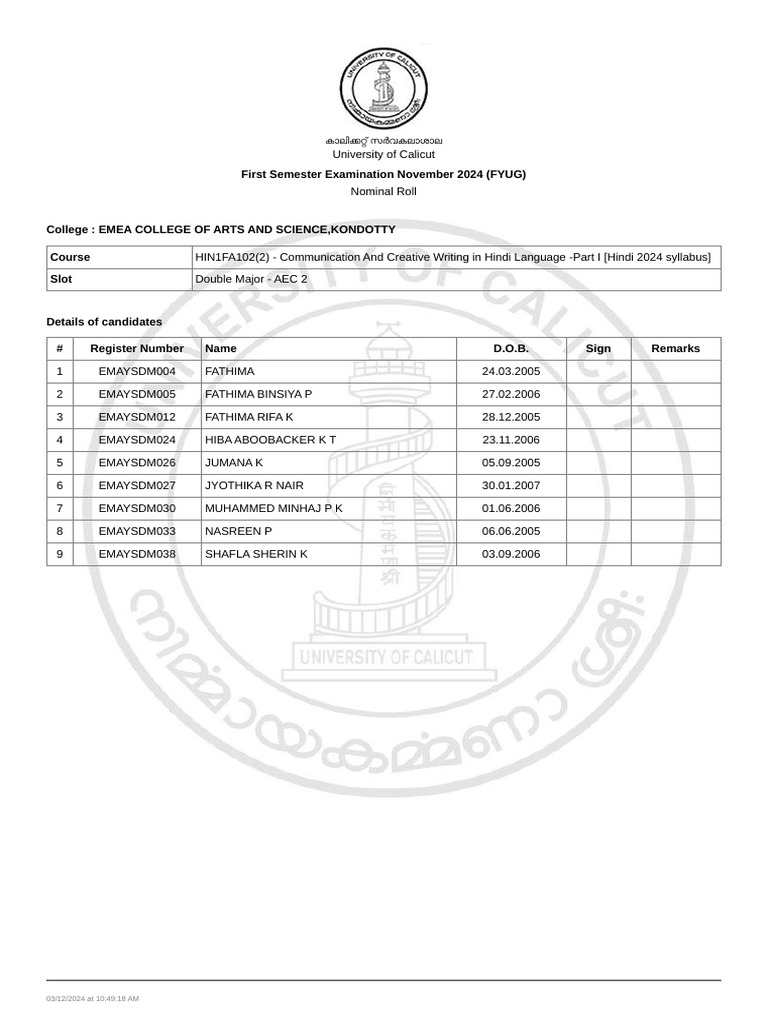 First Semester Examination November 2024 (FYUG) : 03/12/2024 at 10:49: ...