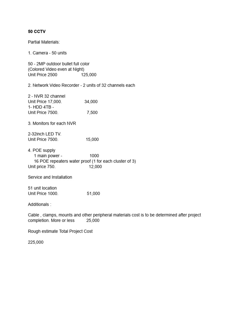 CCTV Installation Project Cost Breakdown | PDF
