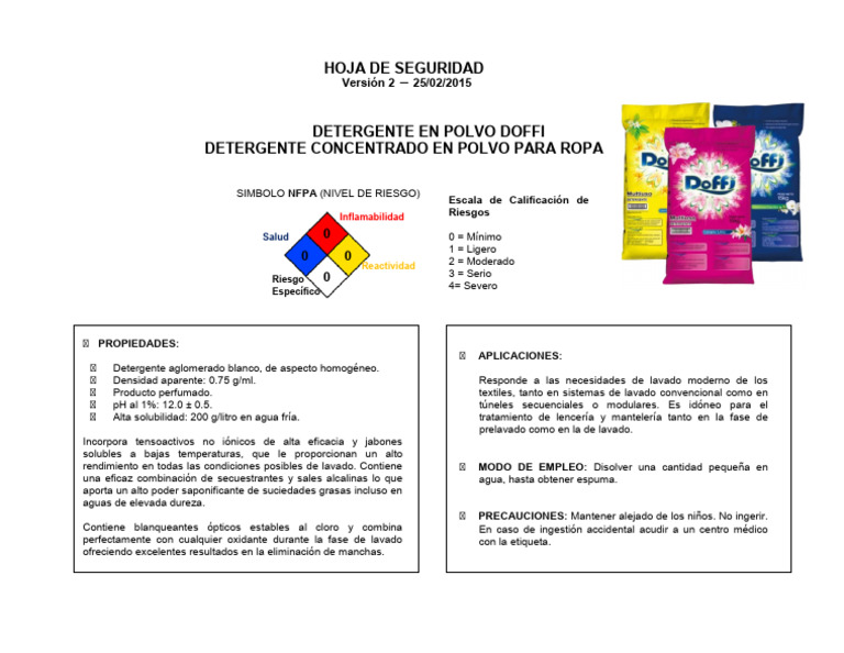 FICHA-TECNICA-DETERGENTE-INDUSTRIAL-DOFFI-X-15-KG- | PDF | Detergente | Agua
