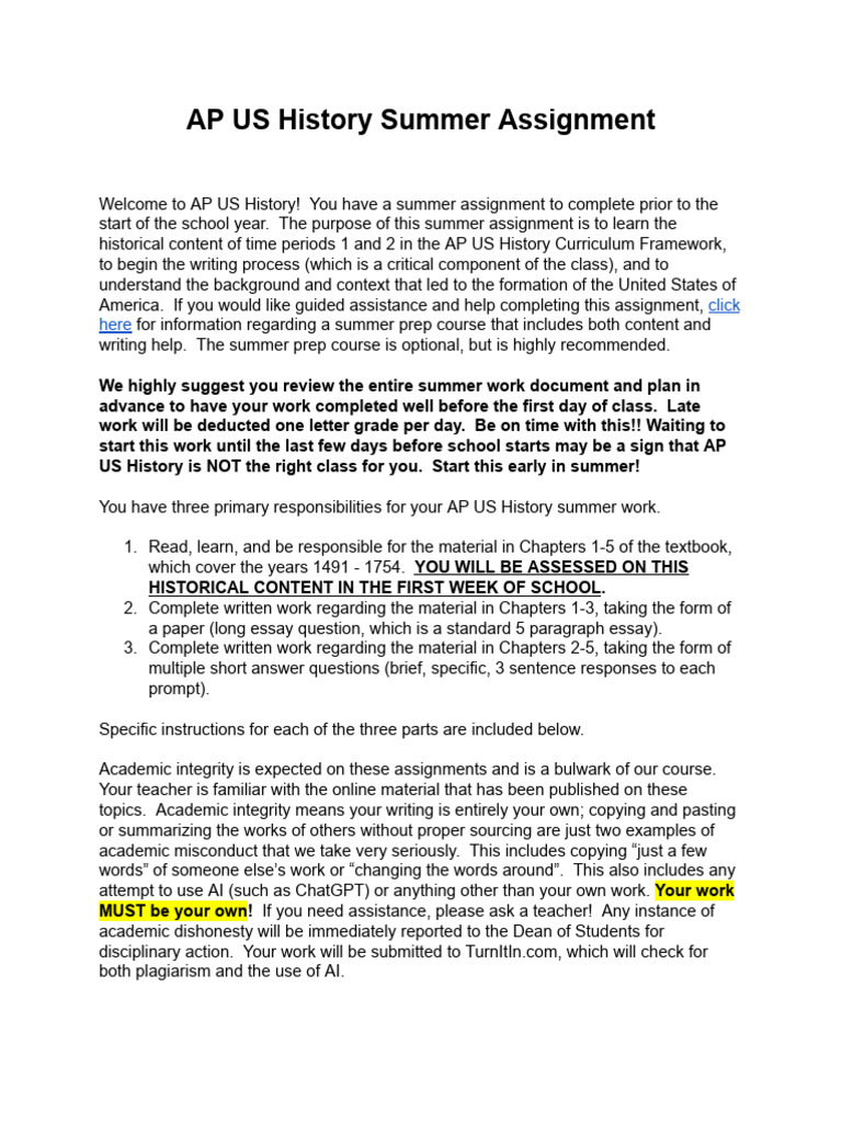 APUSH Summer Work 2024 | PDF | European Colonization Of The Americas ...