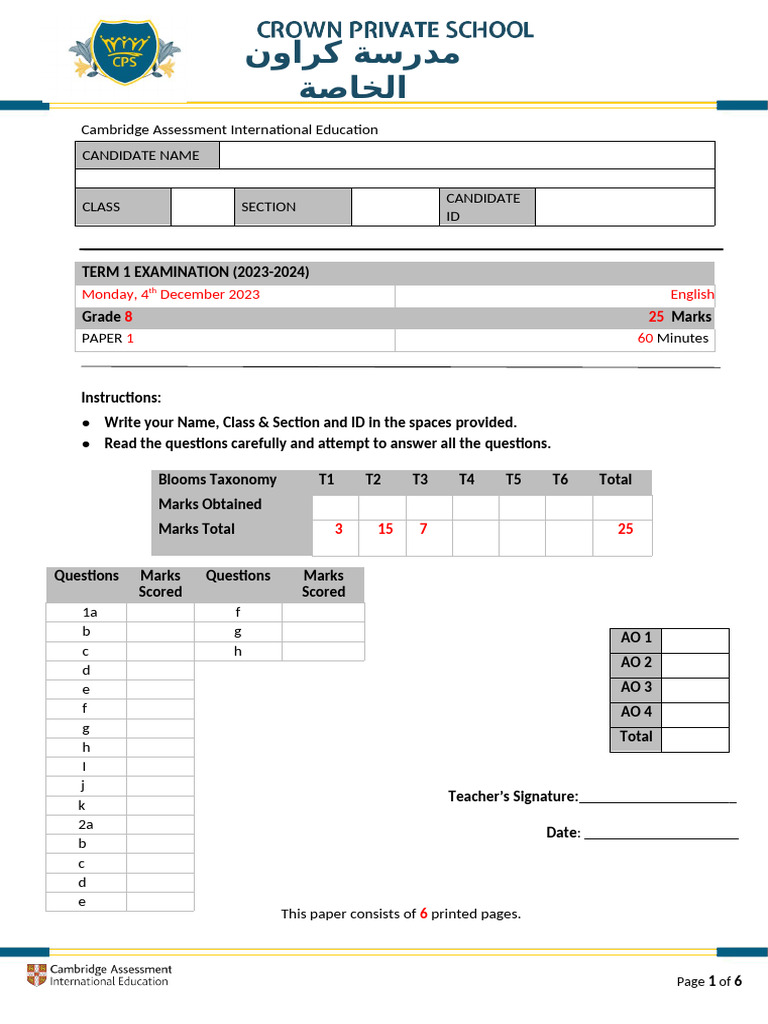 ANSWER KEY (Amended) Term 1 English Grade 8 Paper 1 Exam Paper 5 Dec 23 ...